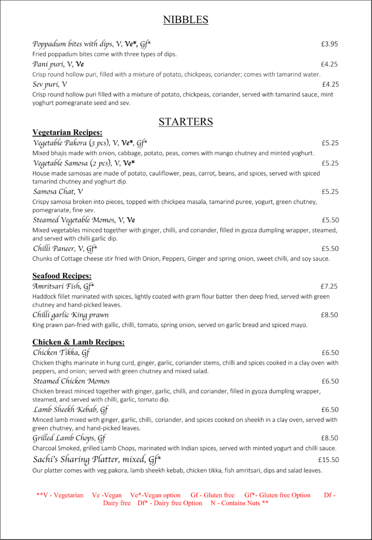 Food Menu - Sachi's Restaurant
