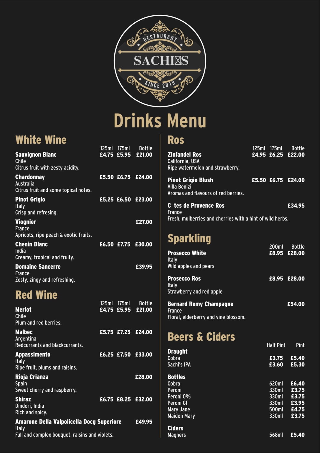 Drinks Menu - Sachi's Restaurant