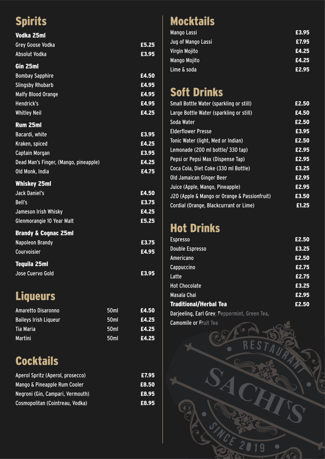 Drinks Menu - Sachi's Restaurant